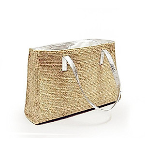 HOXIS Holiday Beach Straw Faux Leather Handle Tote Womens Shoulder Handbag (Silver)