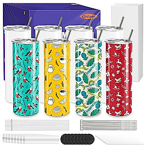 Griart 8 Pack 20 oz Sublimation Tumbler Blank Bulk Skinny Straight Hot & Cold Double Wall Insulated Tumbler with White Boxed,Lid,Plastic & Metal Straw,Rubber Bottom,Brush,Sublimation Paper,Shrink Wrap