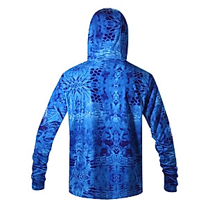 Performance Fishing Hoodie with Face Mask Hooded Sunblock Shirt Sun Shield Long Sleeve Shirt, Blue, 2X-Large