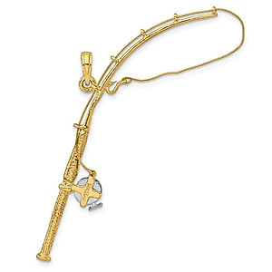 FB Jewels 14k White and Yellow Two Tone Gold 3D Fishing Pole with white Reel Moveable Pendant