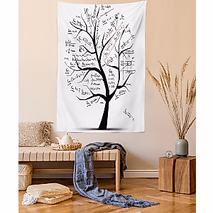 Lunarable Mathematics Room Tapestry King Size, Math Tree Branches Complex Formulas Solution Knowledge Print, Wall Hanging Bedspread Bed Cover Wall Decor, 30" X 45", Black and White