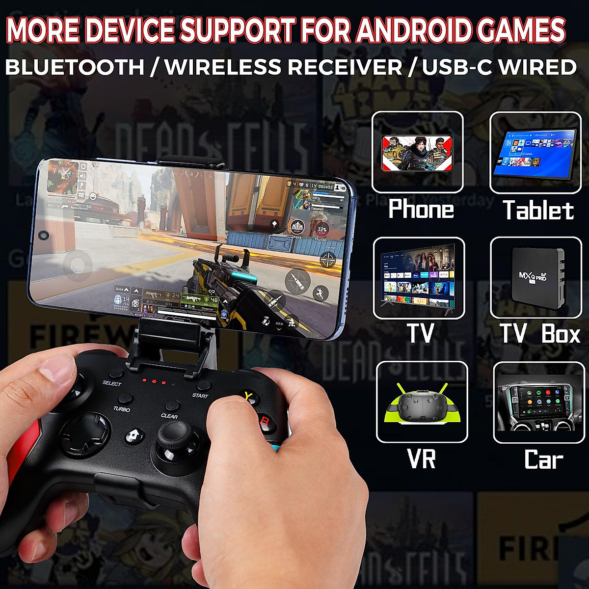 Bluetooth Mobile Game Controller for Android, iPhone, Tablet, TV Box, PC, Tesla, PS3, Switch, Apple Arcade MFi & Cloud Gaming, with Phone Clip/2.4G Wireless/USB-C Adapter/6-Axis Gyro/Vibration/Turbo