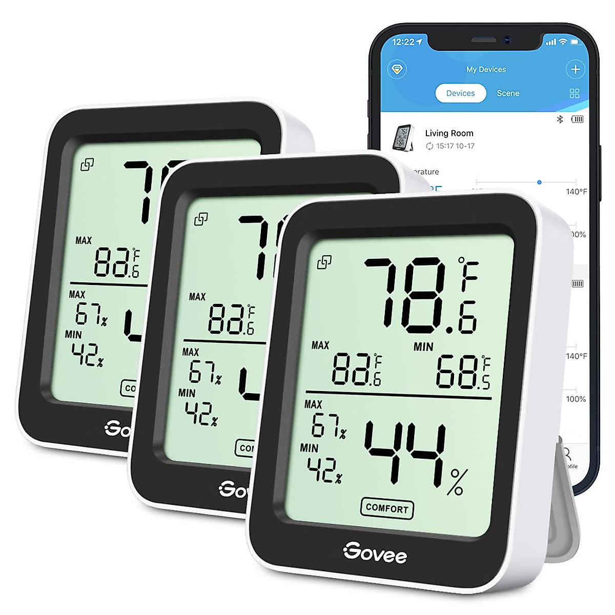 Govee Indoor Hygrometer Thermometer 3 Pack, Bluetooth Humidity Temperature Gauge with Large LCD Display, Notification Alert with Max Min Records, 2 Years Data Storage Export for Room Greenhouse, Black