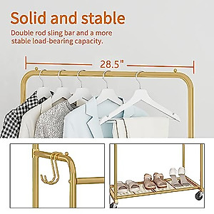 Ekisemio Double Rod Rolling Clothes Garment Rack, Heavy Duty Clothing Rolling Rack on Wheels for Hanging Clothes,with 4 Hooks, Gold