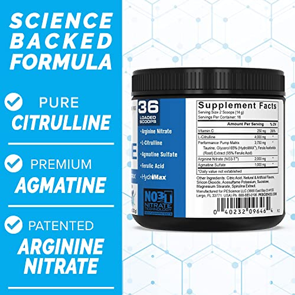 PEScience High Volume Nitric Oxide Booster Pre Workout Powder with L Arginine Nitrate, Raspberry Lemonade, 36 Scoops, Caffeine Free