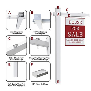 Qikdesign Vinyl PVC Real Estate Sign Post with Flat Cap 6' Tall - Realtor Yard Sign Post - 36" Arm Holds Up to 24" Sign- White (No Sign)