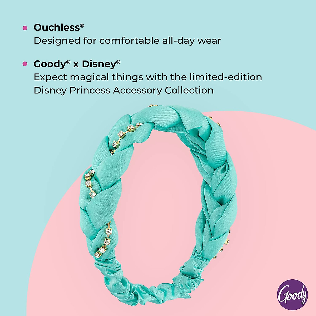 GOODY Ouchless Braided Headband For All Hair Types - Disney Princess, Jasmine - Comfort Fit for All-Day Wear - Beautiful Design for Instant Style - Pain-Free Accessories for Women, Men, Boys & Girls