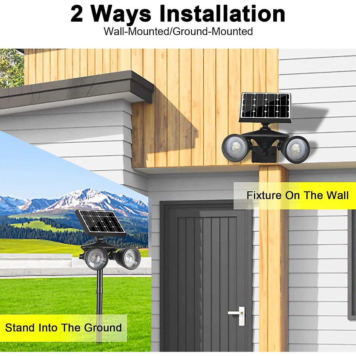 GUYULUX Always on Solar Spotlight Dusk to Dawn, Ultra Bright Patio Wall Light, 5000mAh Solar Focus Lights Outdoor, 210° Adjustable Solar Security Spot Lights Wall Mount&Stake Stand Waterproof, 1-Pack