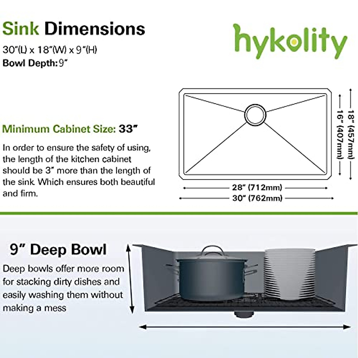 Hykolity 30-inch Undermount Kitchen Sink, 16 Gauge Single Bowl Stainless Steel Kitchen Sink with Strainer & Bottom Grid, 30" x 18" x 9"