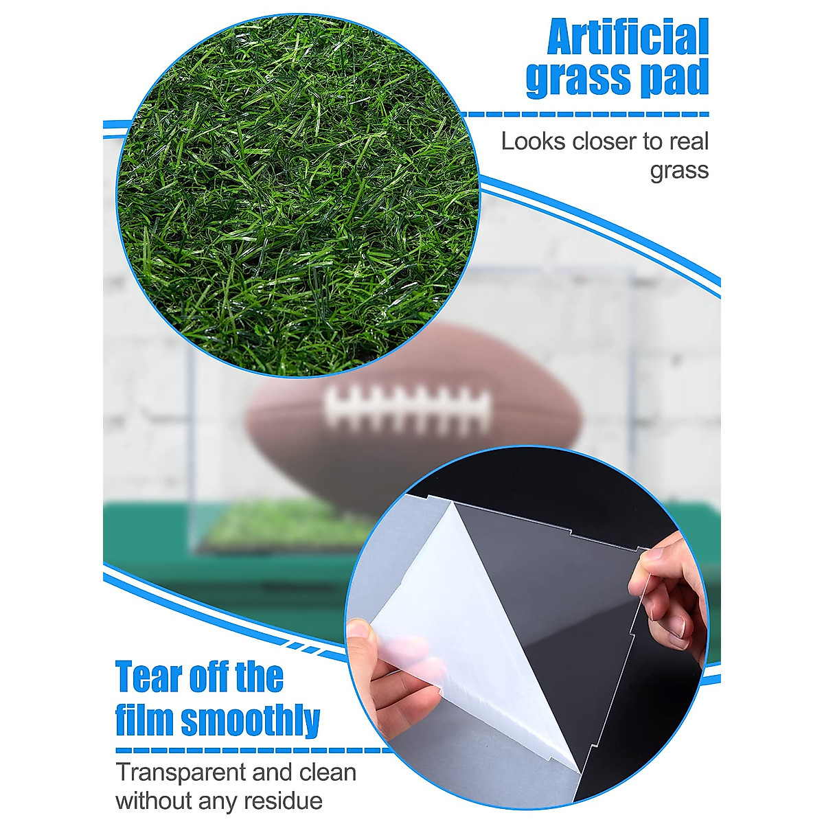 Upgraded Assemblable Acrylic Football Display Case- Clear Football Storage Box Grandstand Football Showcase with Artificial Grass Pad & Black Base & Oval Ball Holder for Sport Lover Football Display