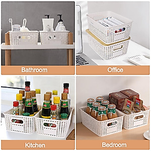 UHAPEER 6 PCS Storage Bins with Bamboo Lids Plastic Baskets Plastic Storage Containers for Organizing Stackable Storage Box with Handle for Shelves Drawers Desktop Closet Classroom Office（White）