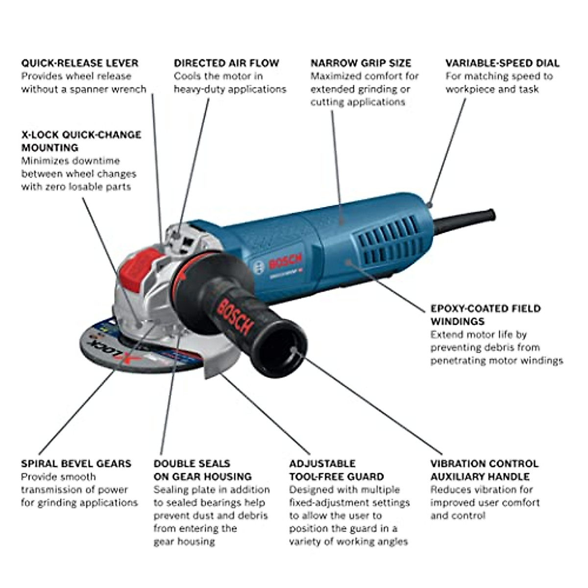 Bosch GWX13-50VSP 5 In. X-LOCK Variable-Speed Angle Grinder with Paddle Switch with TCWX27S500 5 In. x .045 In. X-LOCK Arbor Type 27A (ISO 42) 60 Grit Fast Metal/Stainless Cutting Abrasive Wheel