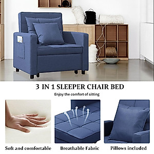 GOOGIC Convertible Chair Bed, 3-in-1 Folding Sofa Bed Chair with Adjustable Backrest, Multi-Functional Pull Out Sleeper Chair Bed Single Armchair Sofa Bed with Side Pocket (Blue)