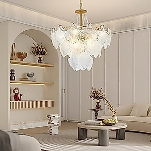FINE MAKER Modern Glass Chandelier, 24'' Golden Vintage Chandelier for Dining Room, 3 Tiers Hanging Pendant Ceiling Light Fixture with Glass Shell Pearl Shades for Living Room, Bedroom, Kitchen
