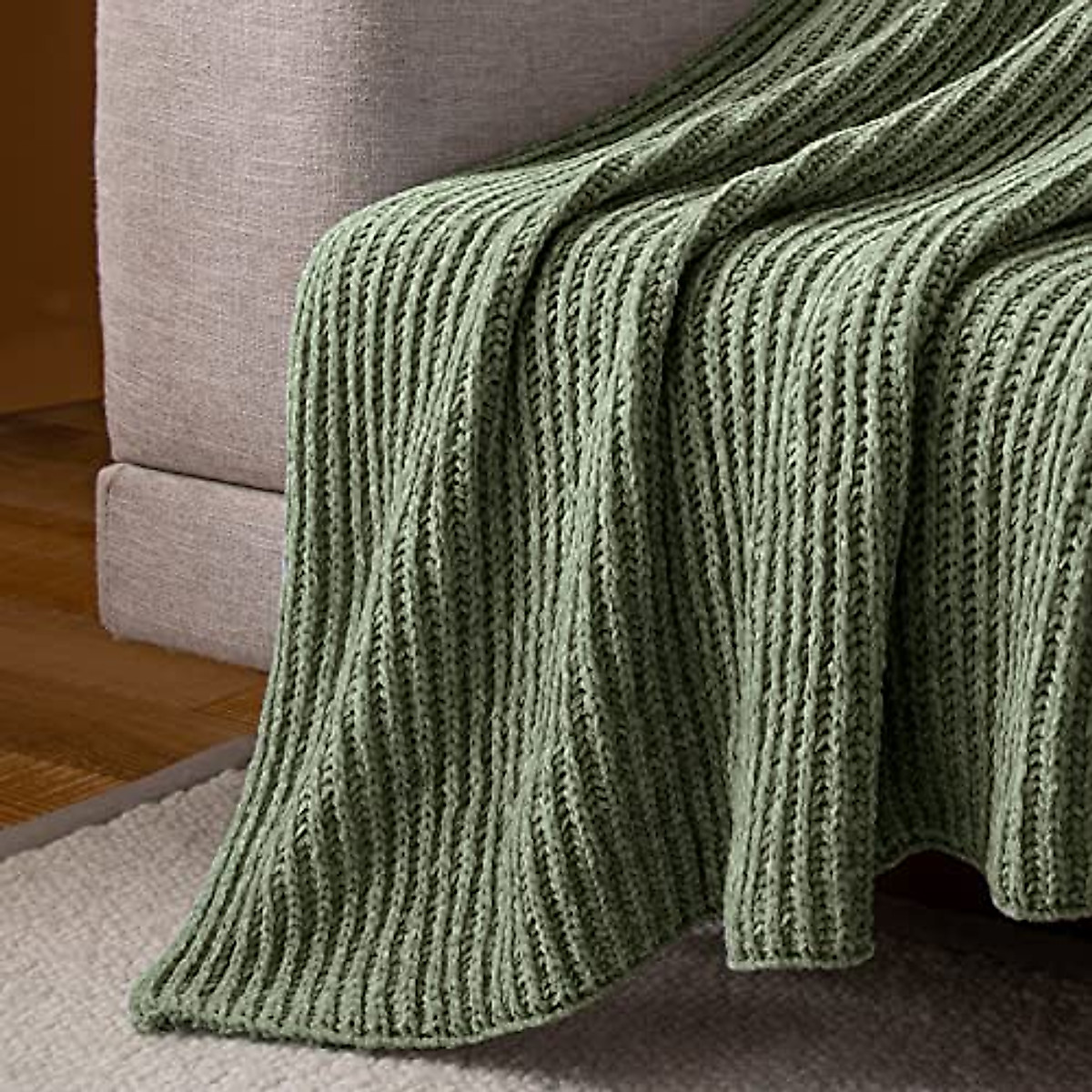 Aormenzy Sage Green Chenille Throw Blanket for Couch, Sage Knit Blanket Soft & Cozy Decorative Throw Blanket for Sofa Bed Chair