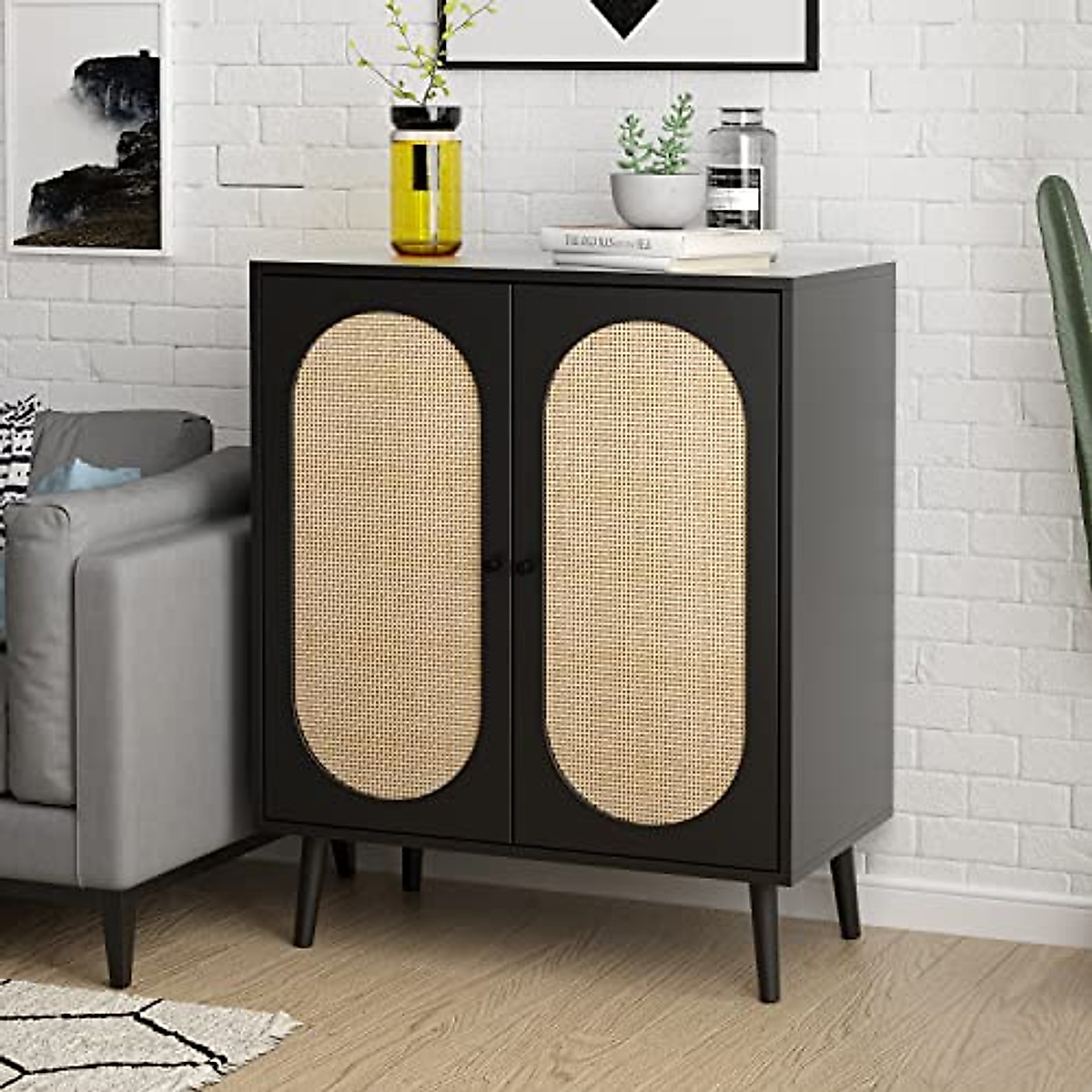 ORRD Sideboard Buffet Cabinet, High Kitchen Storage Cabinet with Rattan Doors and Adjustable Shelves, Accent Home Furniture for Living Room, Bedroom (Black)