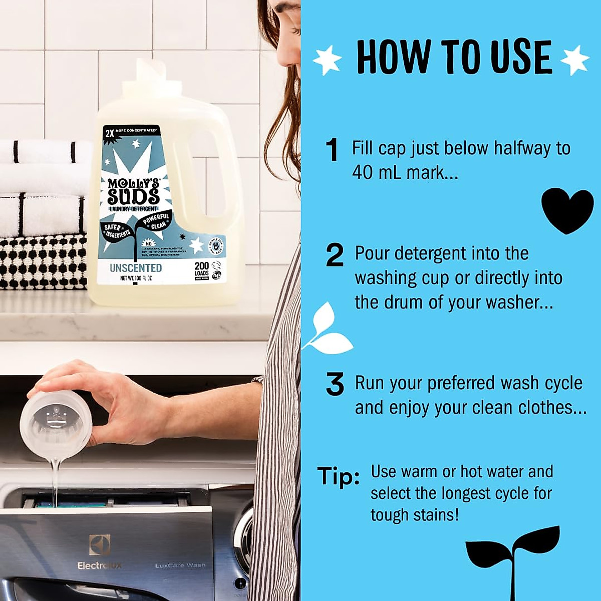 Molly's Suds Liquid Laundry Detergent | Clean Laundry Detergent Soap for Sensitive Skin | 2x Concentrated, High Efficiency (HE) | Peppermint - 100 Loads