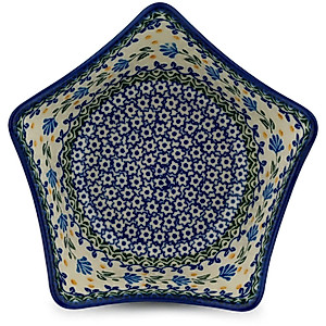 Authentic Polish Pottery 7-inch Bowl made by Ceramika Artystyczna (Blue Fan Flowers Theme) + Certificate of Authenticity