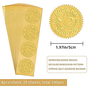 CRASPIRE 2 Inch Gold Embossed Envelope Seals Stickers Good Job 100pcs Adhesive Embossed Foil Seals Stickers Label for Wedding Invitations Gift Packaging