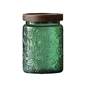 Vintage Glass Jar, Green Sunflower Storage Jar, 23.7 FL OZ Glass Jar with Solid Wood Lid, Glass Food Storage Canister for Kitchen, Laundry Detergent, Coffee, Candy Jar Cute Jar (Green, Sunflower)