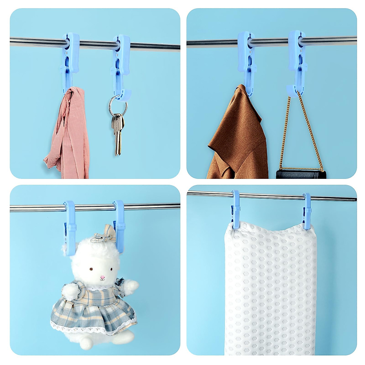 8PCS Plastic Clips for Hanging,Heavy Duty Hanger Clips with Bag,Large Swivel Clothes Pins with Hooks for Bathroom Wardrobe,Strong Laundry Hooks with Clips for Socks Boot Bras Towels（Blue）