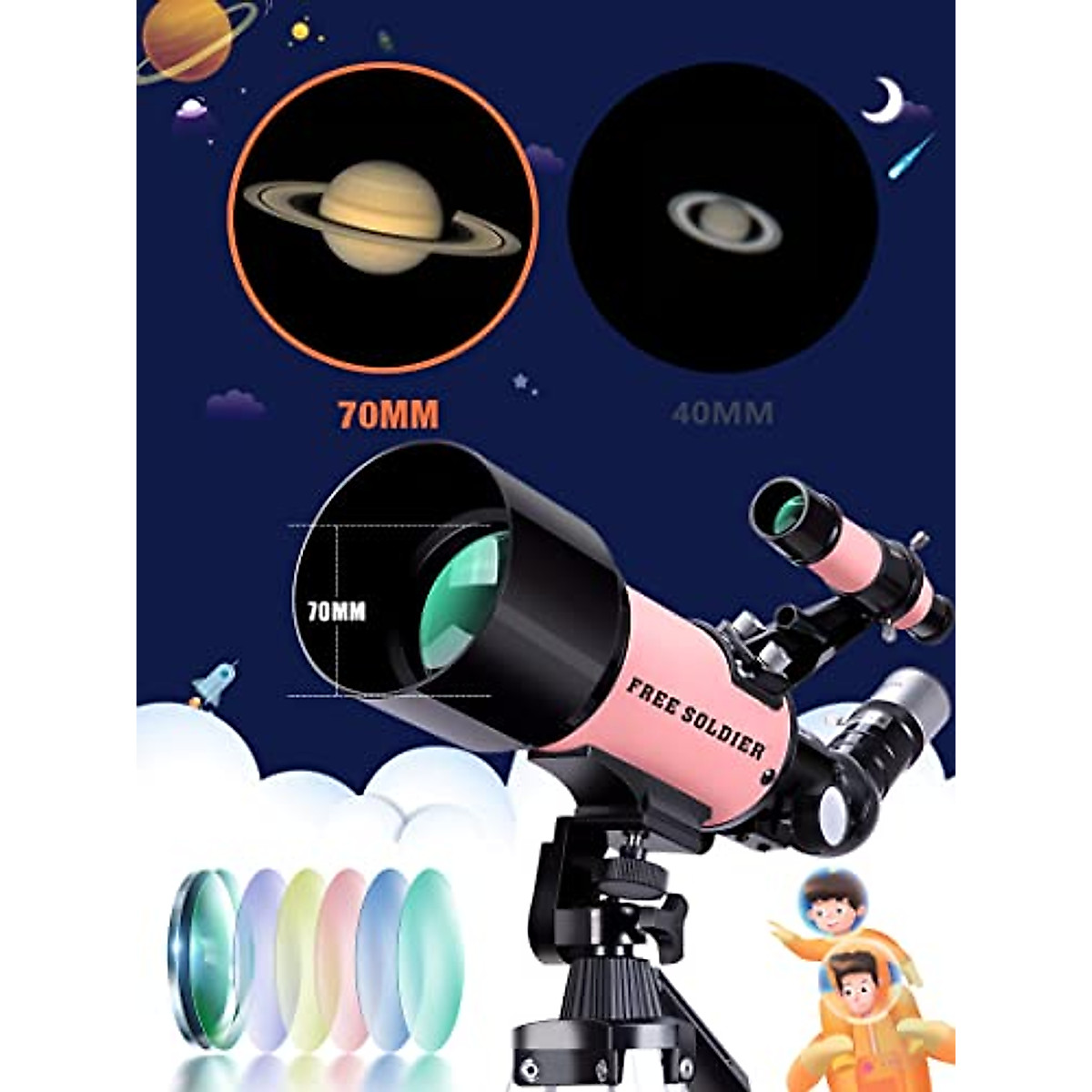 Telescope for Kids Girls Astronomy Beginners - 70mm Aperture and 400mm Focal Length Professional Refractor Telescope for Adults Great Christmas Astronomy Gift for Kids with Gift Package, Pink