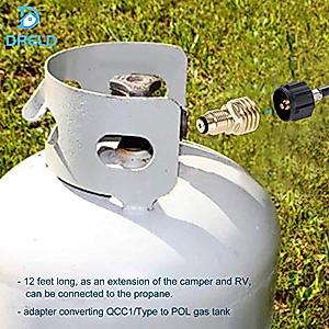 12 Feet Propane Extension Hose with Gauge, Tank Adapter Converts POL LP Tank to Male QCC1 / Type1, Fit for RV, Gas Grill, Heater, Fire Pit and Most Propane Appliances