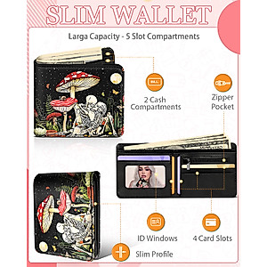 Bistup Girls Wallet Cute Leather Bifold Wallet Skull for Women Teen Girls Goth Horror Credit Card Cash Id Holder Rfid Blocking Mushroom Skeleton Bi Fold Small Wallets With Coin Pocket Slim Scary Cool