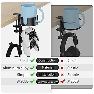 360° Rotating Controller Headphone Holder - Larger Desk Cup Holder with Adjustable Headset Hanger Controller Stand | Clamp On Desk Organizer | Gaming Pc Accessories