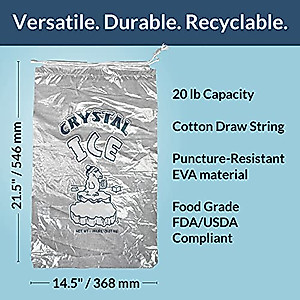 Pinnacle Mercantile 20 lb. Drawstring Ice Bags (30-Count) Heavy-Duty, Puncture-Resistant EVA | Cotton Pull Closure | Disposable, Recyclable | Portable Storage and Freezer Keeper