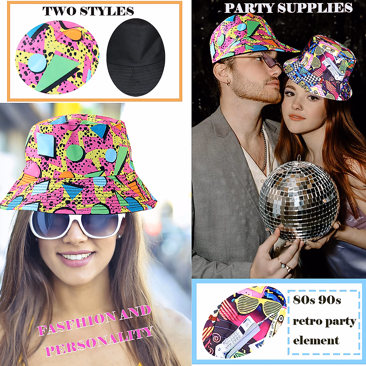 6 Pack Retro 80s 90s Bucket Hats for Men Women, Funny Retro Party Hats, Vintage Print Fisherman Hats for Disco Hip hop Party, Unisex Reversible Portable Hat Outdoor Fashion Sun Cap Colorful