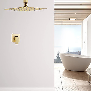 Brushed Gold Ceiling Shower System Shower Faucet GGStudy Bathroom Luxury Rain Mixer Shower Combo Set Rainfall Shower Head System 10 Inch with Valve and Trim