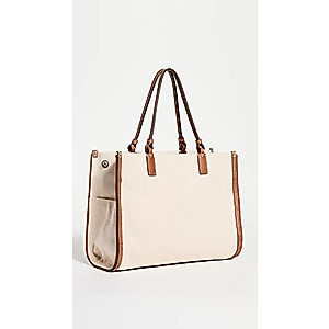 Tory Burch Women's Ella Canvas Small Tote, Natural/Classic Cuoio, Off White, One Size