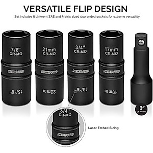 NEIKO 02282B 1/2-Inch-Drive Impact Socket Set, Flip Socket Set, Chrome Moly Steel, Includes 3-Inch Bar Extension, 8 Deep SAE and Metric Sizes, 5 Pieces