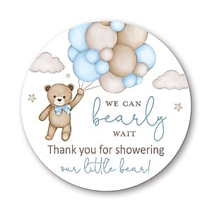 2" Round Boho Bear Balloons Baby Shower Thank You Favor Stickers - Set of 40 (Blue)