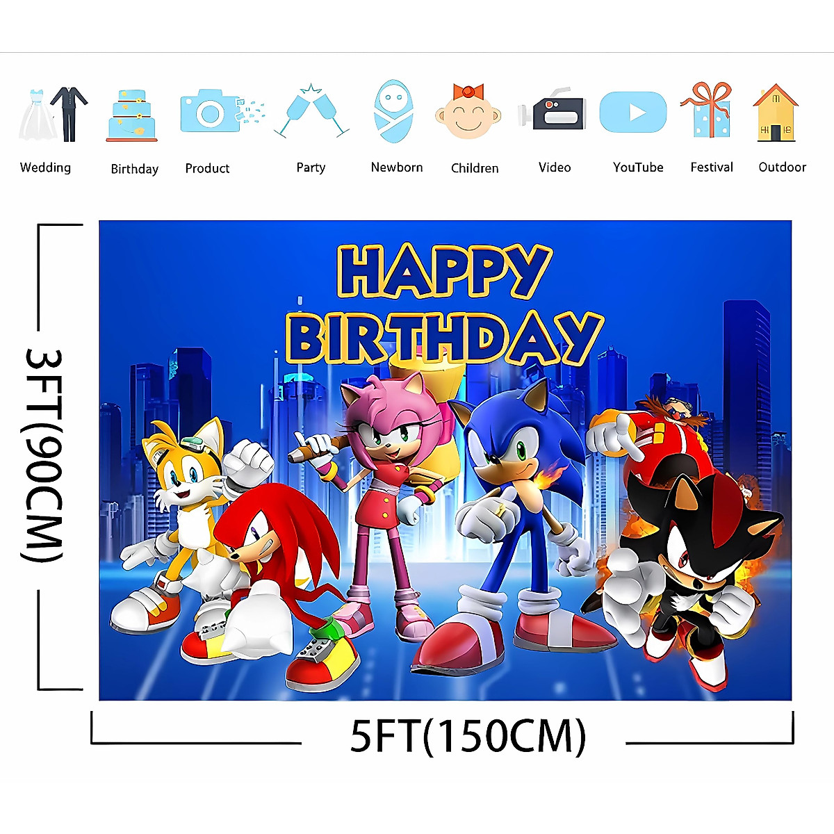 60x40 Inches Birthday Backdrop for Party, Soni Birthday Decoration Banner with Good Wrinkle Resistance, Birthday Party Supplies as Photography Background, 5X3 ft for Kids, Boys, Girls (Blue 4)