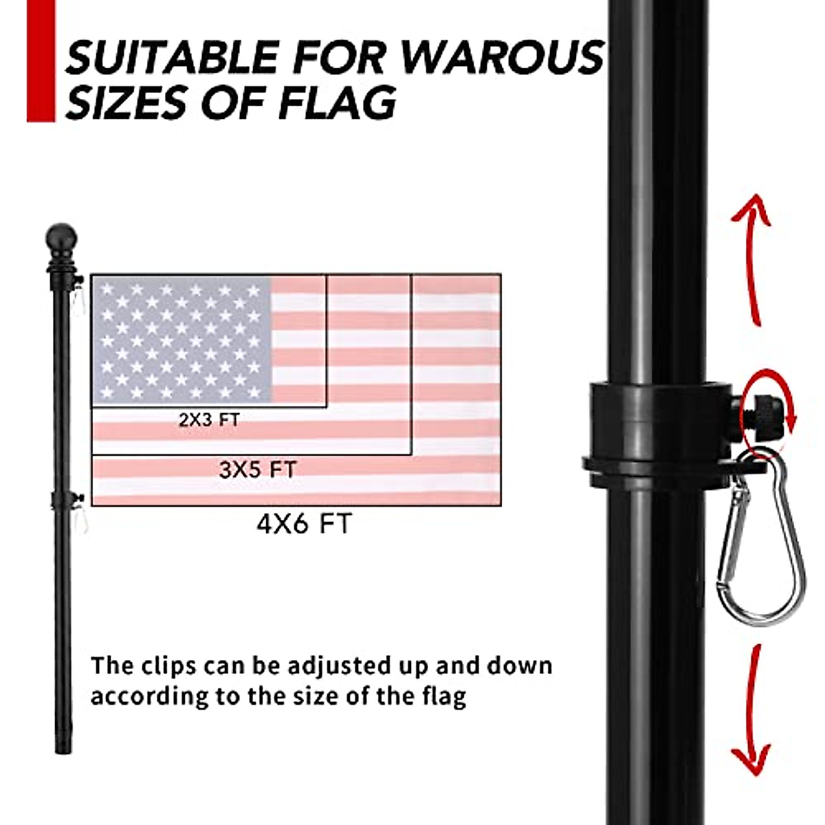 Yeesun® FlagPole,6FT Flagpole Kit for 3’ x 5’ American Flag-360° Tangle Resistant Technology,Stainless Steel Professional Outdoor Flag Pole for House Truck & Boat Use (Without Bracket,Black)
