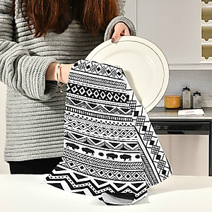susiyo Aztec Tribal Black and White Kitchen Dish Towel, Set of 4 Pcs Soft Polyester Dish Cloth for Cooking Washing, 28 X 18 Inch