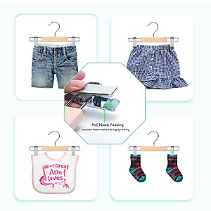 Nature Smile 20 Pack 10.2 Inches Unfinished/Natural Kids Baby Toddler Infant Children Solid Wooden Pants Skirts Hangers Wood Trousers Bottom Hangers with 2-Adjustable Clips 360° Stronger Swivel Hook