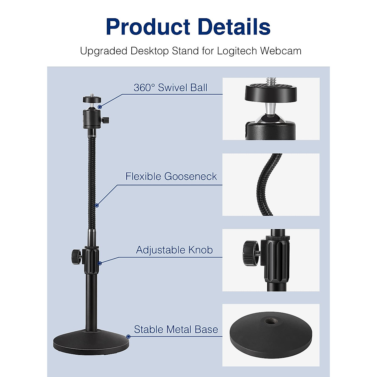 Puroma Webcam Stand Goose-Neck Mount Stand Upgraded Desktop Stand for Logitech Webcam C922 C930e C920S C920 C615 and Other Webcam with 1/4" Thread