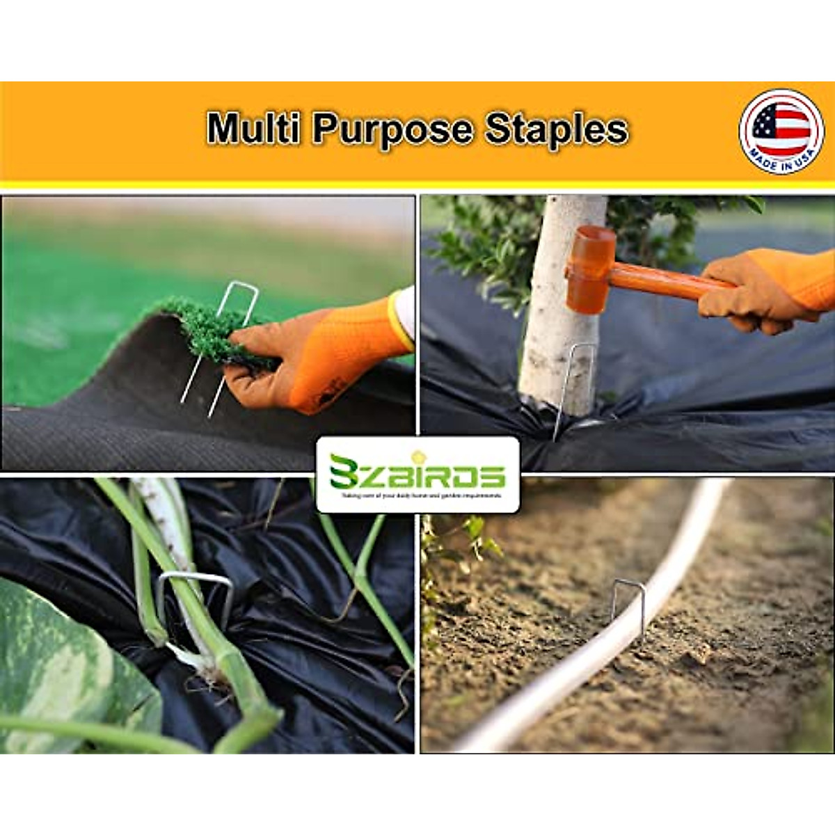 BzBirds USA Made 6 inch 11 Gauge Garden Landscape Staples Galvanized SOD Pins Lawn Stakes for Weed Barrier Fabric, Ground Cover, Holding Fence and Artificial Turf