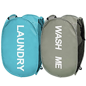 Buenod Mesh Popup Laundry Hampers, Collapsible Laundry Baskets, 2 Pack Clothes Hampers for Home, Bathroom, College Dorm, RV Cruise, Travel (Gray + Blue)