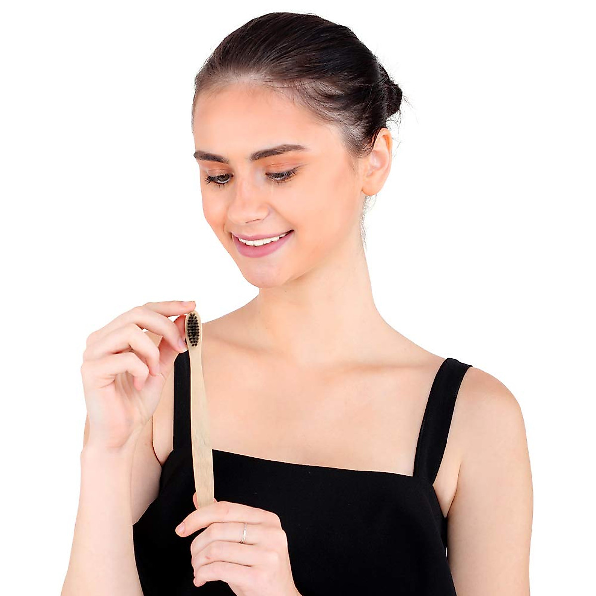 SoulGenie HealthAndYoga™ Natural Wood Toothbrush, Soft Charcoal Bristles, Eco-Friendly, Single, Black