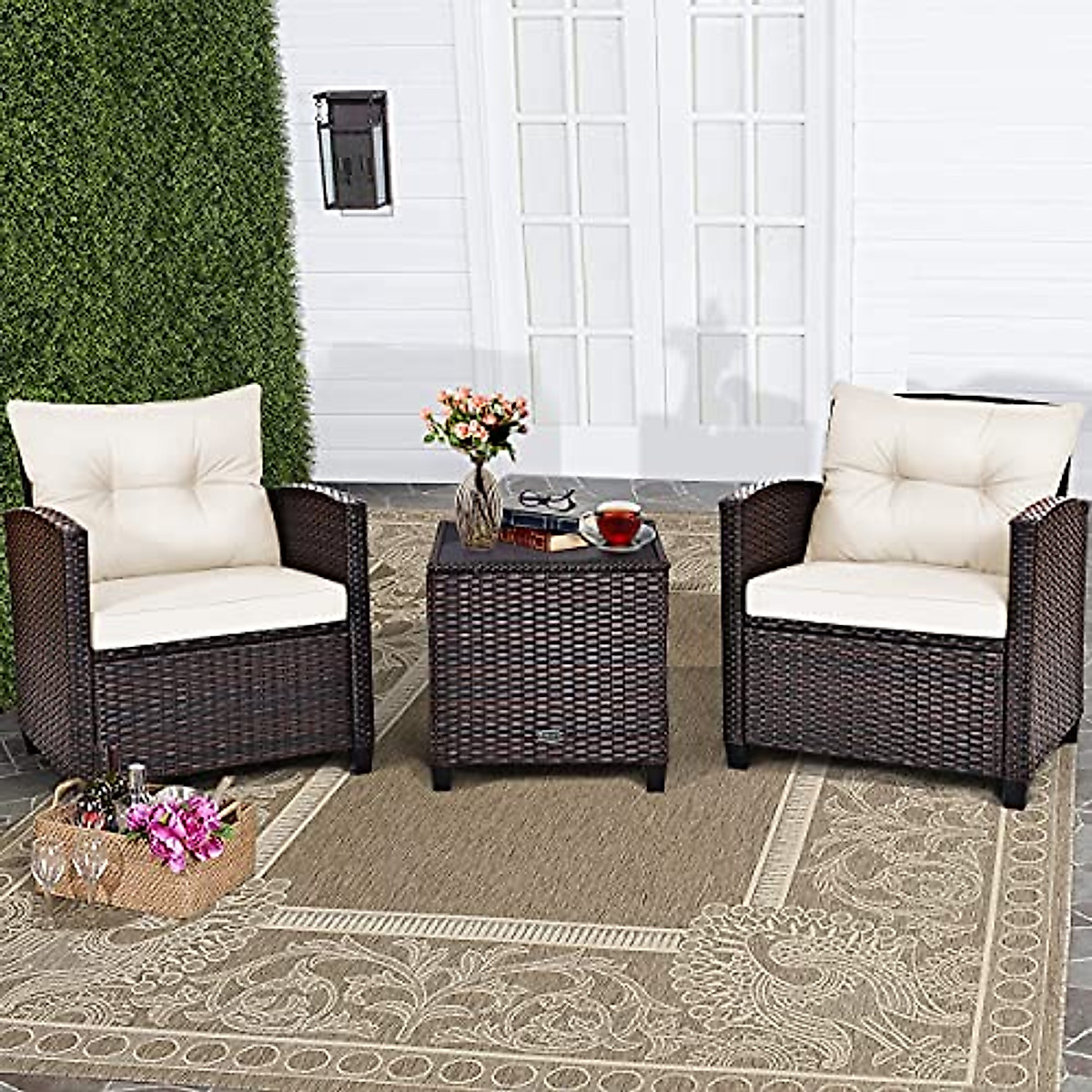 HAPPYGRILL 3 Pieces Patio Conversation Set Outdoor Rattan Wicker Bistro Sofa Set Patio Furniture Set with Washable Chair Cushions and Tempered Glass Top Coffee Table, White