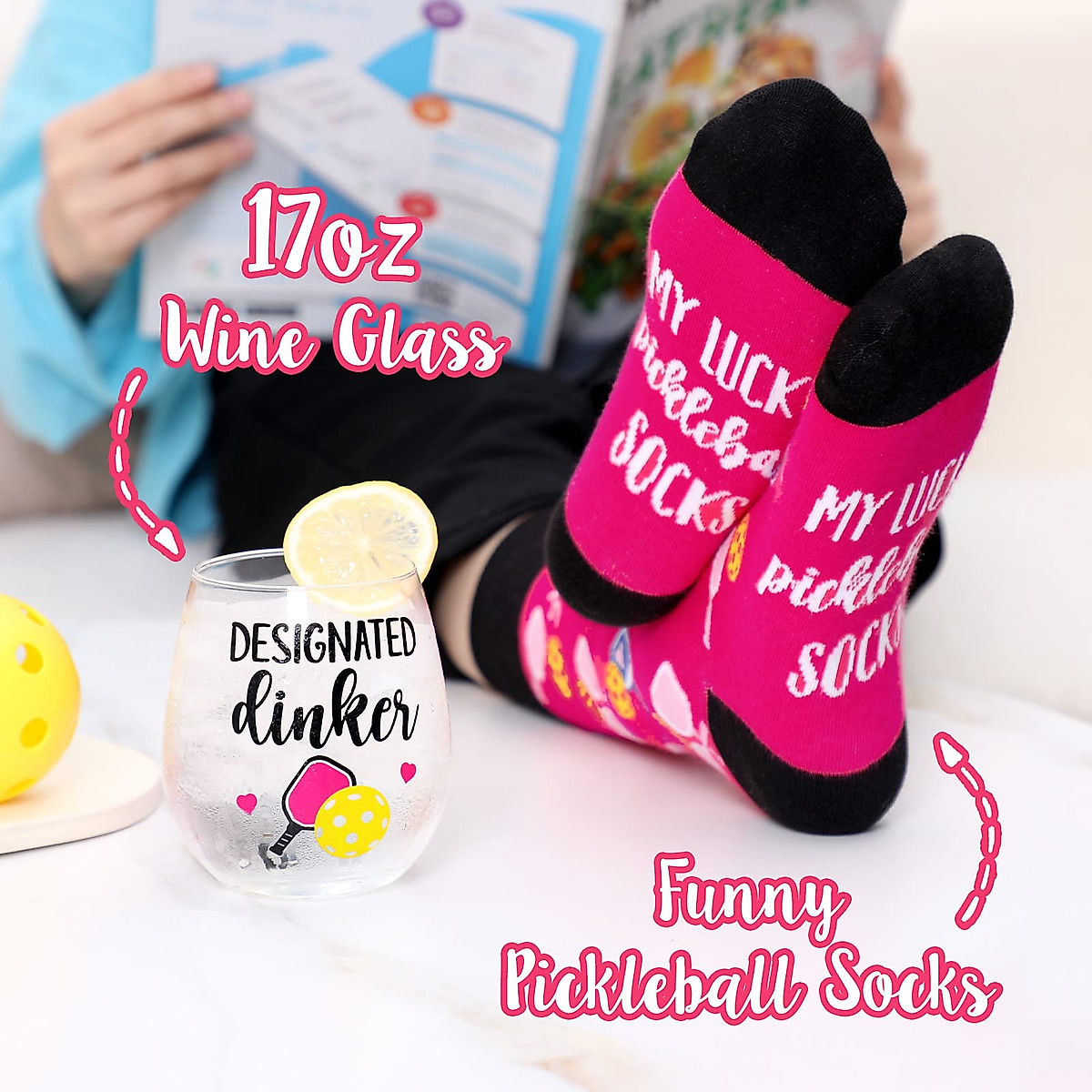 Nefelibata Pickleball Gifts Set Lucky Pickleball Crew Socks 17oz Designated Dinker Stemless Wine Glass Funny Gifts for Women Coach Mom Birthday Christmas Retirement Gift Idea Mother's Day