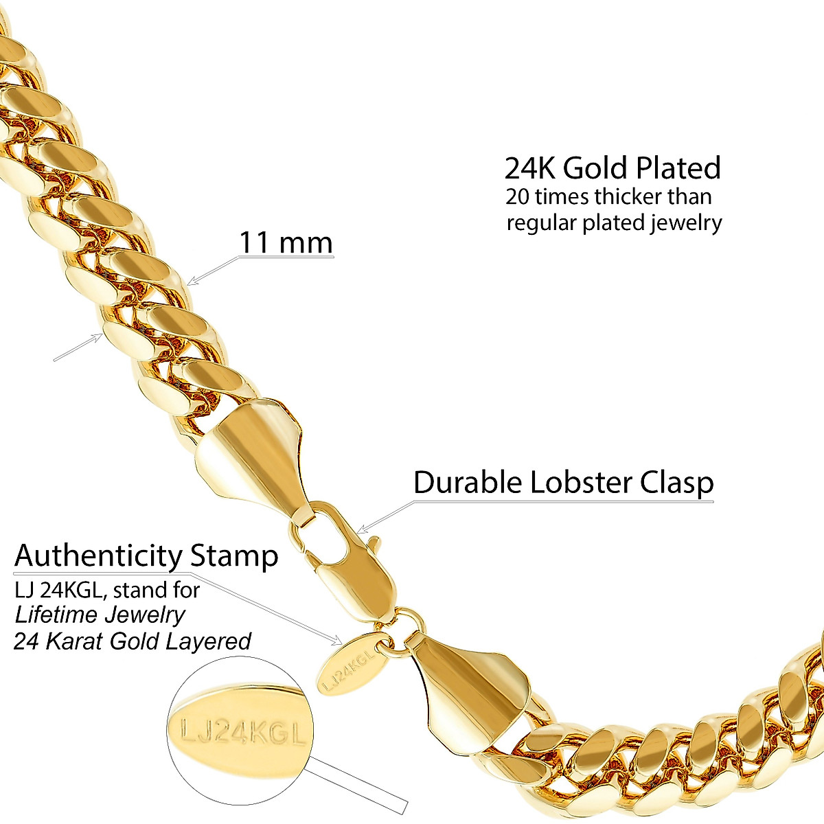 LIFETIME JEWELRY 11mm Miami Curb Cuban Link Chain Bracelet 24k Real Gold Plated (Gold, 9 inches)