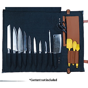 Chef knife roll bag large | stores 10 knives, 3 kitchen utensils Plus leather zipper pouch size open: 28" x 20" | waxed canvas knife carrier | easily carried shoulder strap professional chefs