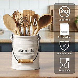 Barnyard Designs Ceramic Farmhouse Kitchen Utensil Holder for Countertop, Decorative Kitchen Utensil Holder, Large Kitchen Utensil Holder for Kitchen Counter, Utensil Crock Spatula Holder, 6" White