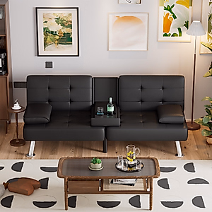 Acurax Modern Black Couch,Stylish Faux Leather Futon Sofa Bed for Home Sofa Living Room, Convertible Folding Lounge Couch,2 Cup Holders, Removable Soft Armrests,Metal Legs,Couches for Living Room