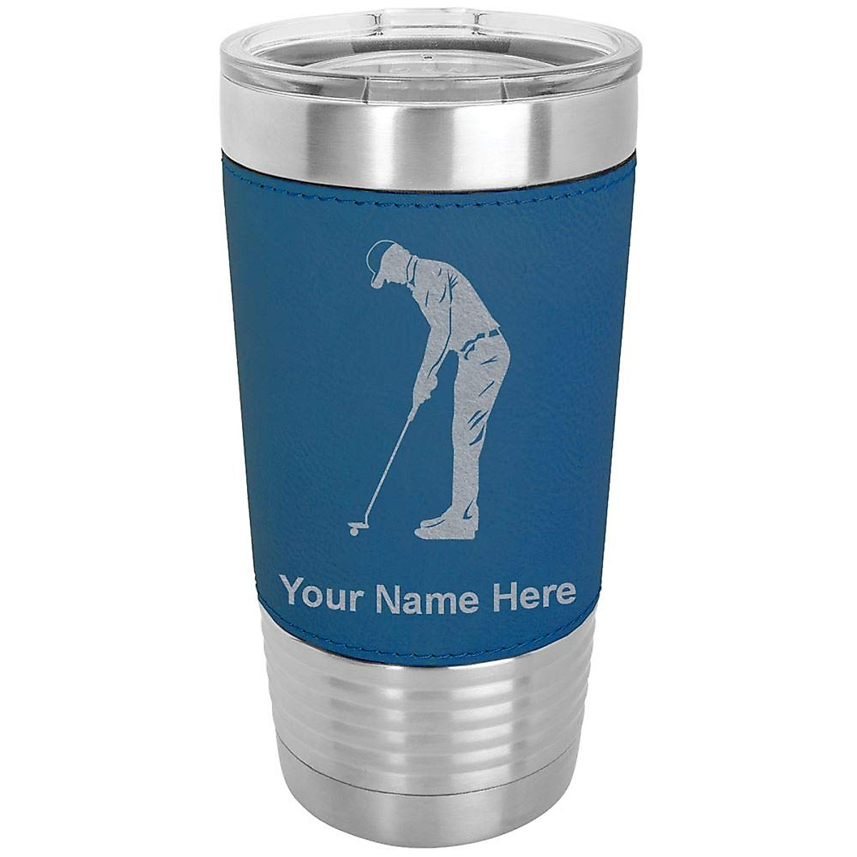 LaserGram 20oz Vacuum Insulated Tumbler Mug, Golfer Putting, Personalized Engraving Included (Faux Leather, Blue)